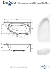 BESCO Asymetrická vana MINI Nožičky k vaně - Bez nožiček, Rozměr vany - 150 × 70 cm, Způsob provedení - Pravé - VANMINI150P