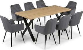 Vikio Jídelní set pro 8 osob 180x90 cm soft dub noha X šedá židle s područkami VJS228-8S