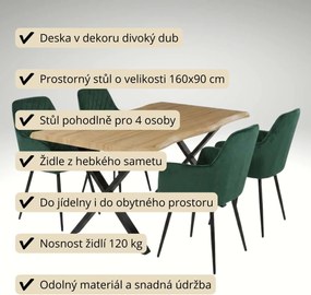 Vikio Jídelní set pro 4 osoby 160x90 cm soft dub noha X zelená židle s područkami VJS226-4Z