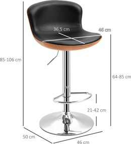 HOMCOM Barová židle kuchyňská sada 2 ks výškově nastavitelná otočná s podnožkou a opěradlem imitace kůže do 120 kg 46 x 53,5 x 85-106 cm Černá | Aoso…