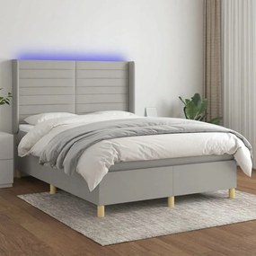 Box Spring Postel S Matrací A Led Textil Světle Šedá vodorovné pruhy 140