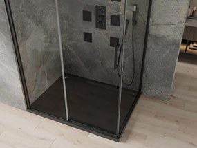 Mexen Omega, sprchový kout s posuvnými dveřmi 100 (dveře) x 80 (stěna) cm, 8mm čiré sklo, černý profil + slim sprchová vanička černá s černým sifonem, 825-100-080-70-00-4070B
