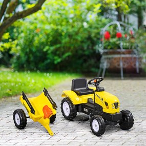 HOMCOM Pedálový Traktor s Přívěsem - Pedálové Auto pro Děti od 3 Let do Zahrady, Železný Žlutý 133 x 42 x 51 cm