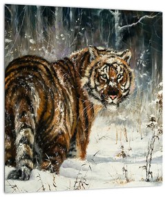 Obraz - Tygr v zasněženém lese, olejomalba (30x30 cm)