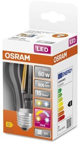 Průhledná LED žárovka E27 7 W CLASSIC A, laditelná bílá