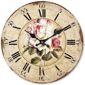Nástěnné hodiny dřevěné s růží 29 cm (ISABELLE ROSE)