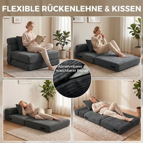 HOMCOM 2-v-1 Boneless Cloud podlahová židle, skládací spací křeslo s kordurovým vzhledem a bederním polštářem, tmavě šedá