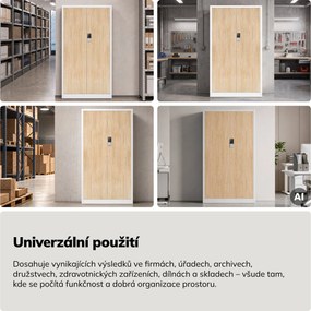 Kovová kancelářská skříň se zámkem na kód bílá, dub sonoma, 900x1850x400 mm: DANIEL Eco Design