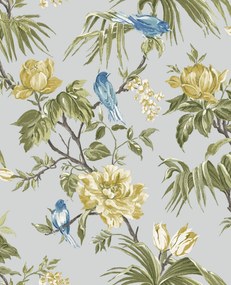 Romantická šedá vliesová tapeta s květinami a ptáčky, 118257, Next
