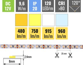 LED Solution LED pásek 9,6W/m 12V bez krytí IP20 Barva světla: Studená bílá 07302