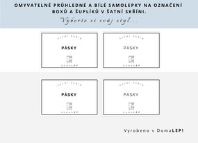 PÁSKY - Samolepka na šuplíky a boxy do šatní skříně, 8,5 x 5,5 cm - DomaLEP varianta: SAMOLEPKA, barva: BÍLÁ - ČERNÉ písmo, velikost: š. 8,5 cm x v. 5,5 cm - tučné písmo