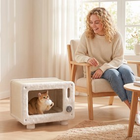 PawHut Kočičí dům ve stylu TV, kočičí jeskyně s houpací sítí a hracím míčkem, škrábací rohož z lnu, pro kočky do 7 kg, 50 x 33 x 42 cm
