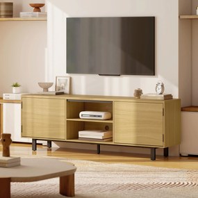 HOMCOM TV stolek 160 cm – pro TV do 165 cm (65 palců), 2 bezúchytková dvířka s push-to-open, 2 otevřené police, kovové nohy, přírodní dekor