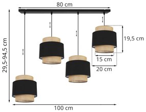 Závěsné svítidlo BOHO, 4x jutové/černé textilní stínítko