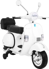 Ramiz Elektrický skútr Vespa pro děti bílý + pomocná kolečka + audio + ekokůže + EVA + plynulý start