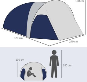 Outsunny Lehký Vzdušný Stan pro Kempování ve Tvaru Dómu pro 3/4 Osoby s Zipem a Taškou Oxford 320 x 240 x 130 cm Tmavě Modrá Světle Šedá