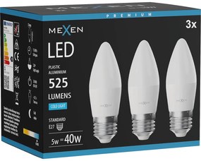 Mexen Nova 3x LED žárovka E27, C37, 5W, Studená - 6500K, 525 lm - L102-E27-0565-01x03