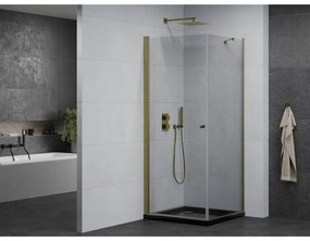 Mexen Pretoria sprchový kout s otočnými dveřmi 80 x 80 cm, průhledné, Zlatá+ vanička do sprchového kouta Flat, Černá - 852-080-0