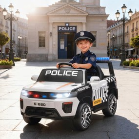 AIYAPLAY dětské policejní elektrické auto s dálkovým ovládáním, dvojitý motor, siréna, 4-kolová odpružení a světla, bílé