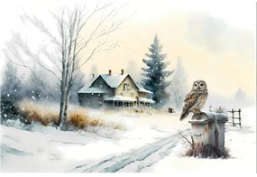 Plakát - Sova na poštovní schránce, venkov v zimě, akvarel FeelHappy.cz Velikost plakátu: A0 (84 x 119 cm)