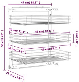 vidaXL Marketos 3patrový výsuvný kuchyňský drátěný koš stříbrný 47 x 35 x 56 cm