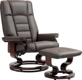 Křeslo HOMCOM s podnožkou, otáčecí TV křeslo s funkcí recliner, dřevěný rám, nosnost do 150 kg, pro obývací pokoj, umělá kůže, hnědá