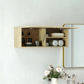Nástěnná koupelnová skříň HOMCOM s výklopnými dveřmi, zavěšená koupelnová skříň s dřevěnými policemi, 80x25x30 cm, přírodní dřevo