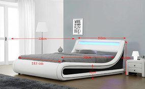 Manželská postel s RGB LED osvětlením, bílá / černá, 180x200, MANILA NEW