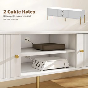 HOMCOM Moderní TV stolek – 2 dveře, 2 otevřené přihrádky, průchod pro kabely, pro TV až 65 palců, 140 x 38 x 45,9 cm, bílá