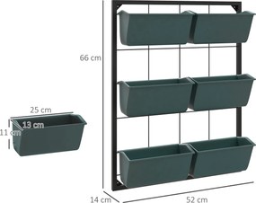 Outsunny Vertikální Zahradní Truhlík se 3 Úrovněmi, 6 Plastových Květináčů s Odtokovými Otvory, Zavěšené Truhlíky na Květy a Bylinky, 52x14x66 cm, Tm…