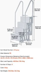 4-stupňový šedý bazénový žebřík se 2 madly Podporuje 181,4 kg pro 48-54 V bazénu