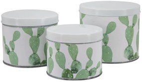 Set 3 ks kulatých úložných boxů Cactus, bílá/zelená