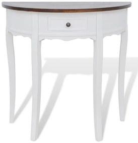 Bílý půlkruhový konzolový stolek se zásuvkou a hnědou deskou