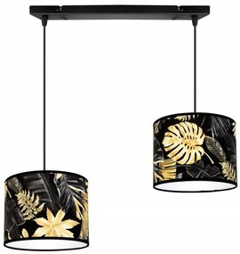 Závěsné svítidlo Gold Flowers, 2x černé textilní stínítko s květinovým vzorem