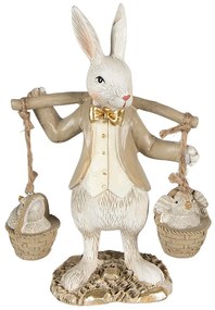 Béžová dekorace socha králík s kuřátky ve kbelíku  - 12*6*17 cm
