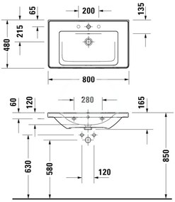 Duravit D-Neo - Umyvadlo do nábytku 800 x 480 mm, bez otvoru pro armaturu, bílá 2367800060