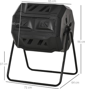 Outsunny 160L Dvoukamerový zahradní rotační kompostér s ventilačními otvory a ocelovými nohami 71x65x96 cm Černý