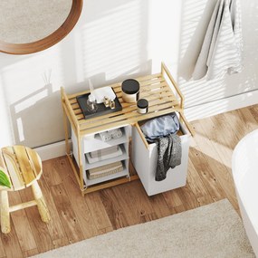 HOMCOM Prádelní Koš s 4 Přihrádkami, Bamboo Prádelní Koš 83L s 2 Vytahovacími a Odnímatelnými Textilními Taškami, Koš s Policí a Rukojetí na Třídění …