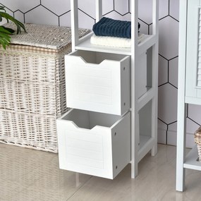 Kleankin Vysoký Víceúčelový Koupelnový Skříňový Nábytek se 3 Otevřenými Policemi a 2 Úložnými Šuplíky s Protipádovým Designem 30x30x144 cm Bílý