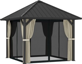 Pavilon Outsunny s tvrdou střechou, cca 3x3m, voděodolný, odolný vůči zimním podmínkám, zahradní pavilon s moskytiérou, bočními panely, kovový zahradn