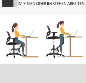 Ergonomická kancelářská židle Vinsetto kancelářská židle, otočná židle, kreslící židle, nastavitelný kroužek na nohy, do 120 kg, černá, 60x56x110-132…
