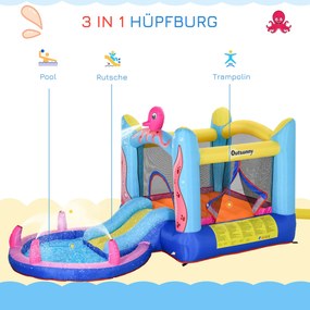 Outsunny samonafukovací skákací hrad včetně fukaru, záplat, 1 trampolíny, 1 vodního bazénu, 1 skluzavky, 360 x 175 x 180 cm