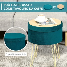 HOMCOM 2-v-1 Úložný taburet se stoličkou a funkcí konferenčního stolku, Zelené dřevo a textil, Kov s pozlaceným povrchem, 36x36x45cm