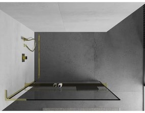 Mexen Kioto+ L, sprchová zástěna Walk-In s poličkou a věšákem 110 x 200 cm, 8mm čiré sklo černý vzor, ​​zlatý lesklý profil, 800-110-123-50-70
