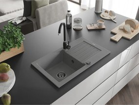Mexen Pablo, granitový dřez 752x436x161 mm, 1-komorový, šedá s černým sifonem, 6510751010-71-B