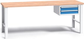 Pracovní stůl do dílny G3 se závěsným boxem na nářadí, buková spárovka, 2 zásuvky, pevné kovové nohy, 2000 mm, modrá