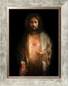 Srdce Ježíšovo Náboženský Obraz Na Plátně V Zdobeném Bílém Rámu 30X40