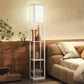 HOMCOM Stojací lampa s policí, 3 přihrádky, kompaktní rozměry, MDF, bílá
