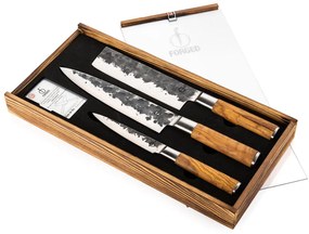 FORGED Olive - 3-dílná sada nožů: kuchařský nůž, japonský nůž na zeleninu, univerzální nůž
