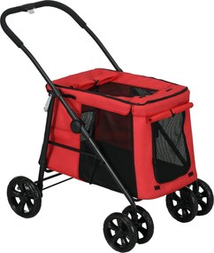 Skládací kočárek pro domácí mazlíčky PawHut pro psy a kočky, včetně polštáře, kol s brzdou, 600D Oxfordská tkanina, ocel, 102 x 62 x 105 cm, červená |